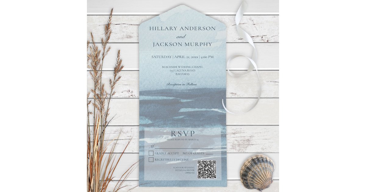 Modern Blue Seascape Beach QR Code All In One Invitation | Zazzle