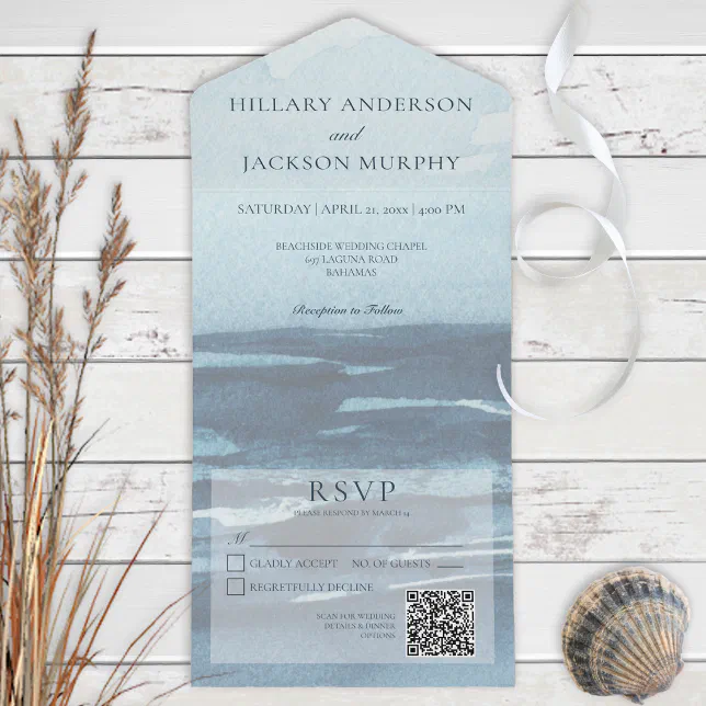 Modern Blue Seascape Beach QR Code All In One Invitation | Zazzle
