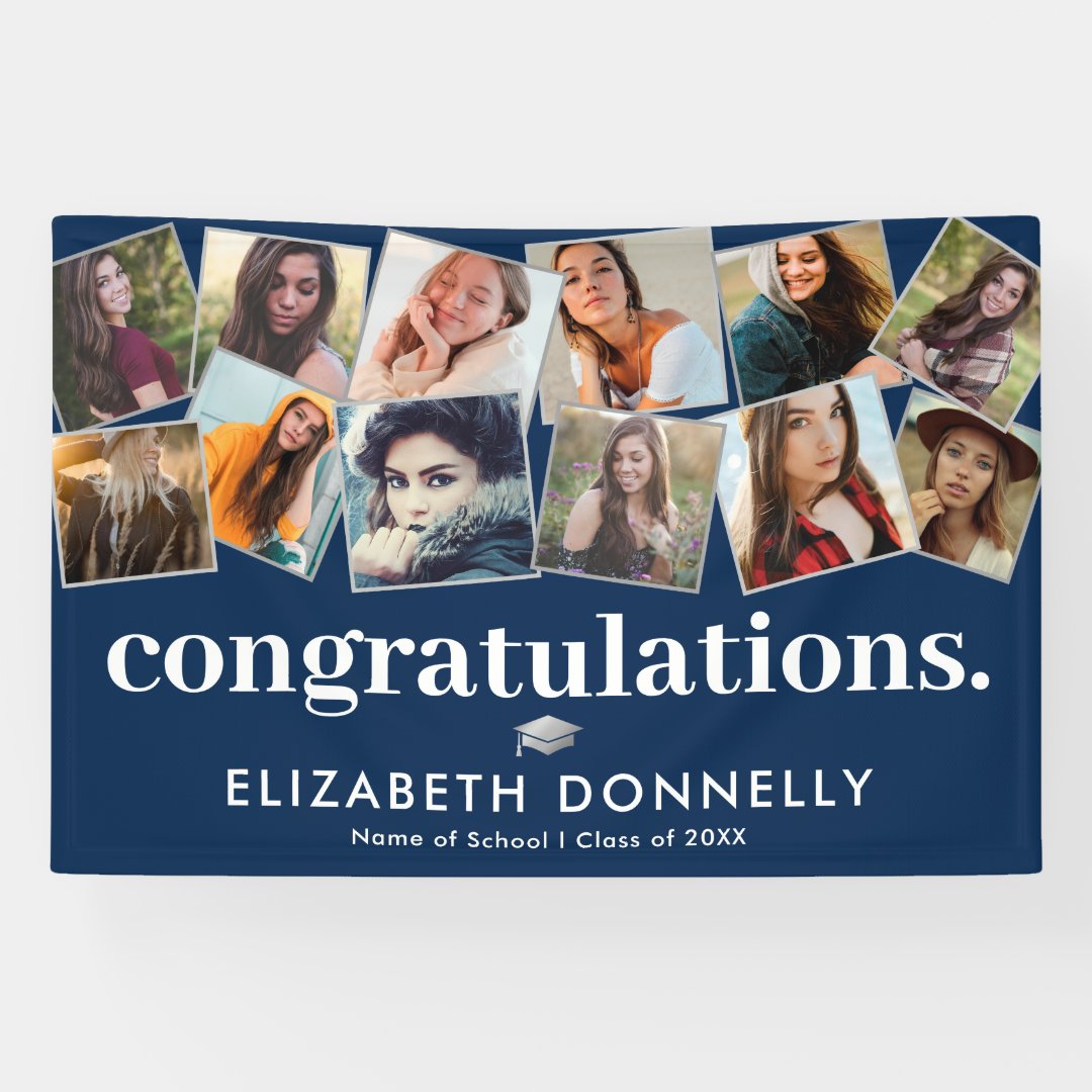 Modern Blue Silver Graduation Photo Collage Banner | Zazzle