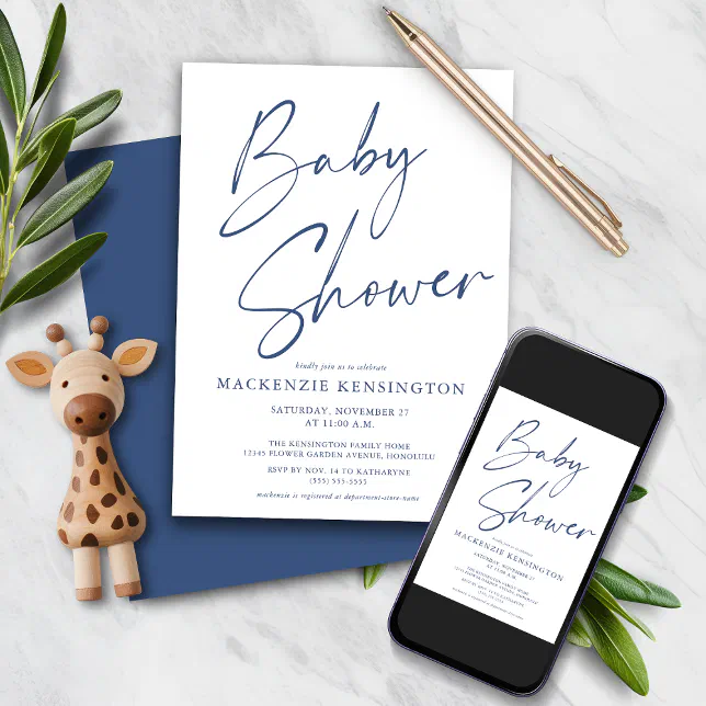 Modern Blue Simple Handwritten Script Baby Shower Invitation | Zazzle