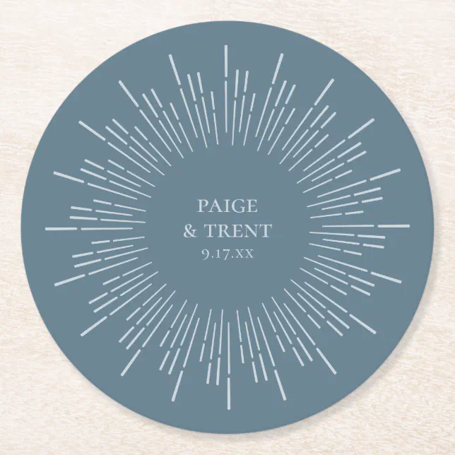 Modern Blue Sunburst Wedding Round Paper Coaster | Zazzle
