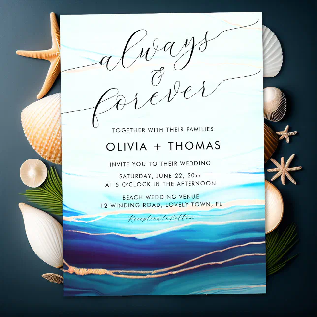 Modern Blue Teal Ocean Wave Always Forever Wedding Invitation | Zazzle