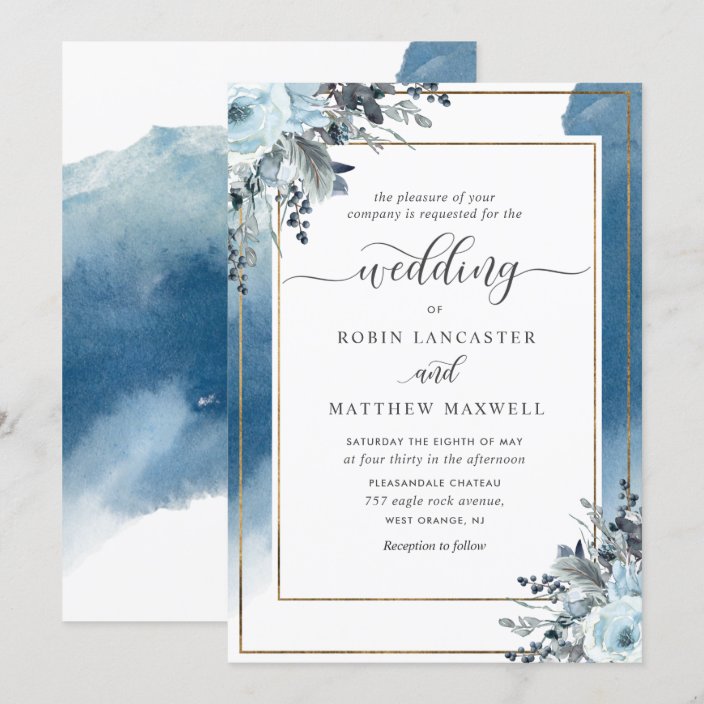 Modern Blue Watercolor and Blue Floral Wedding Invitation | Zazzle.com