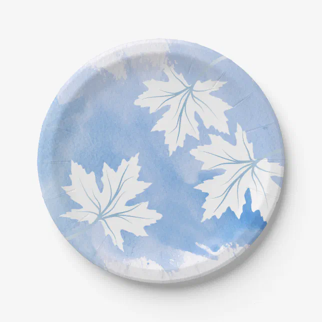 Modern blue watercolor and maple leaves paper plates | Zazzle