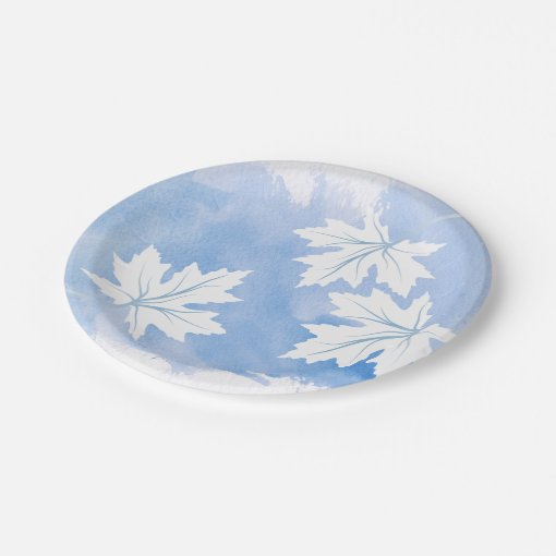 Modern blue watercolor and maple leaves paper plates | Zazzle