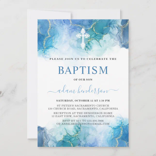 Modern Blue Watercolor Boy Baptism Invitation | Zazzle