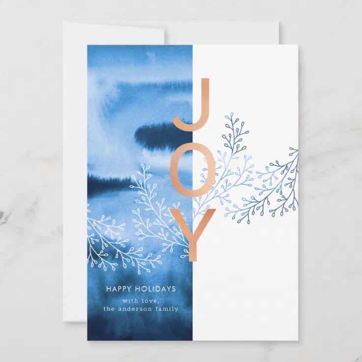 Modern Blue Watercolor Christmas Joy Holiday Card | Zazzle