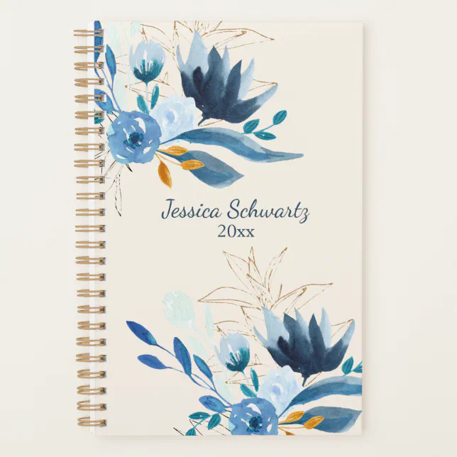 Modern Blue Watercolor Floral Personalized Planner | Zazzle