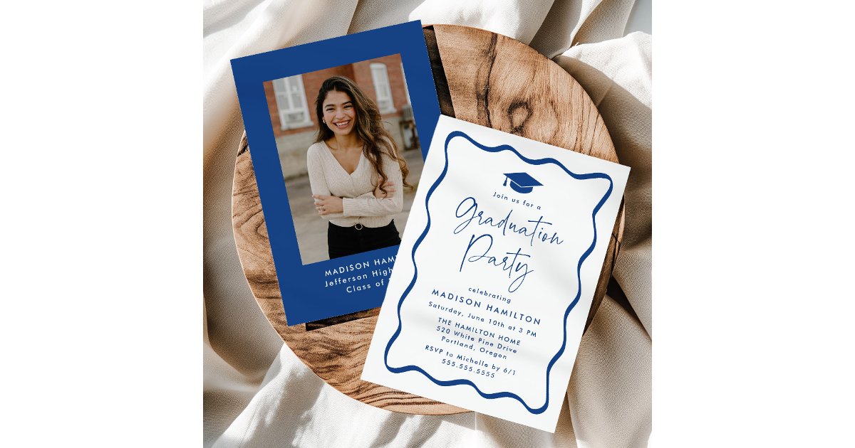 Modern Blue Wavy Frame Photo Graduation Party Invitation | Zazzle