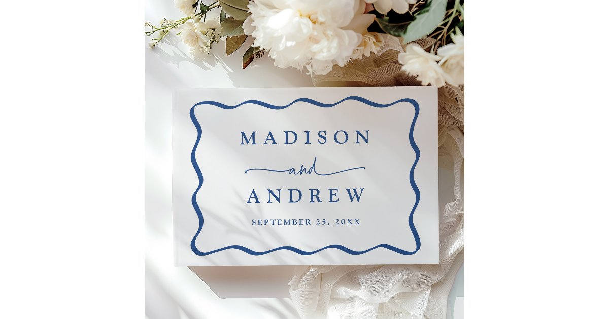 Modern Blue Wavy Frame Photo Wedding Guest Book | Zazzle
