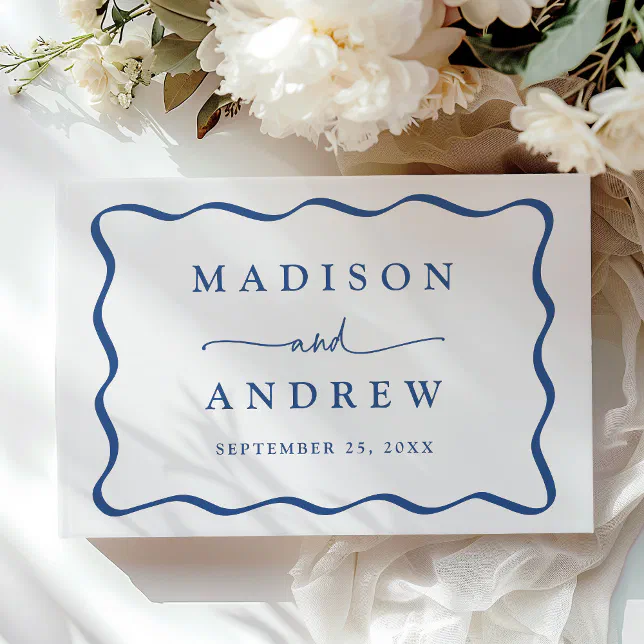 Modern Blue Wavy Frame Photo Wedding Guest Book | Zazzle