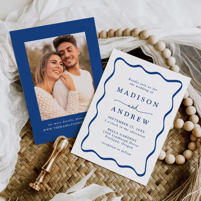 Modern Blue Wavy Frame Photo Wedding Invitation | Zazzle