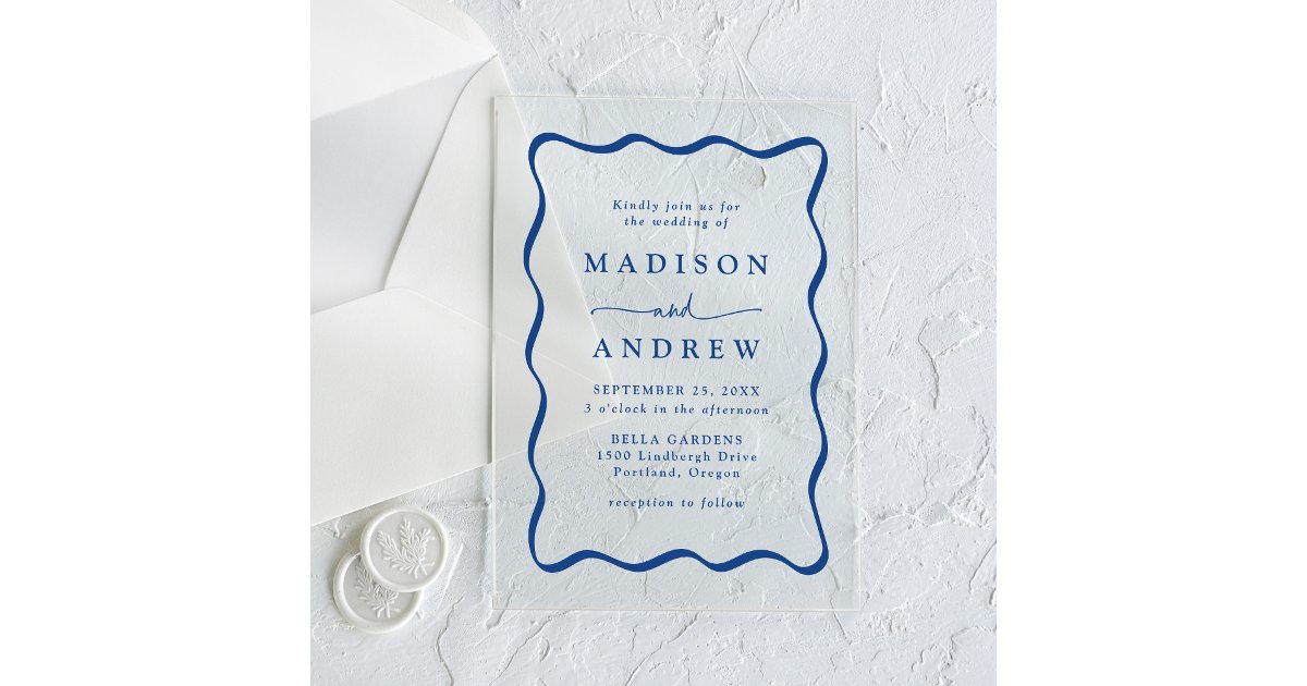 Modern Blue Wavy Frame Wedding Acrylic Invitations | Zazzle