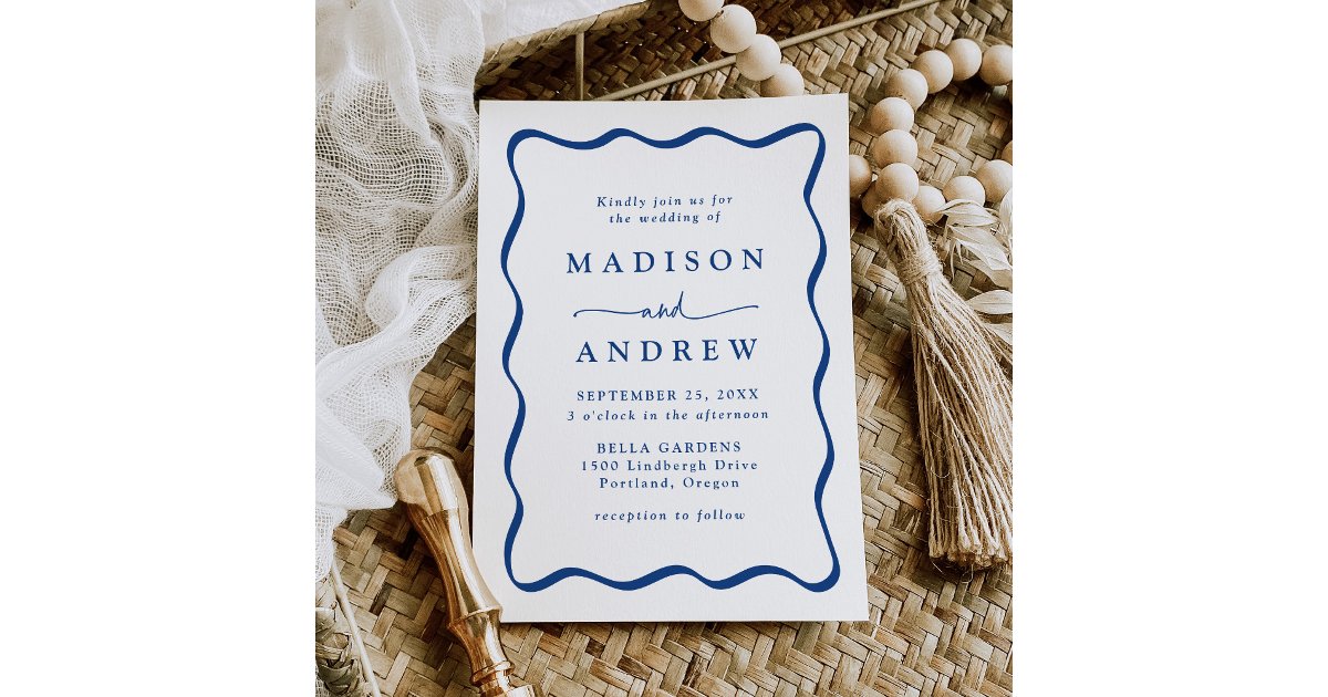 Modern Blue Wavy Frame Wedding Invitation | Zazzle