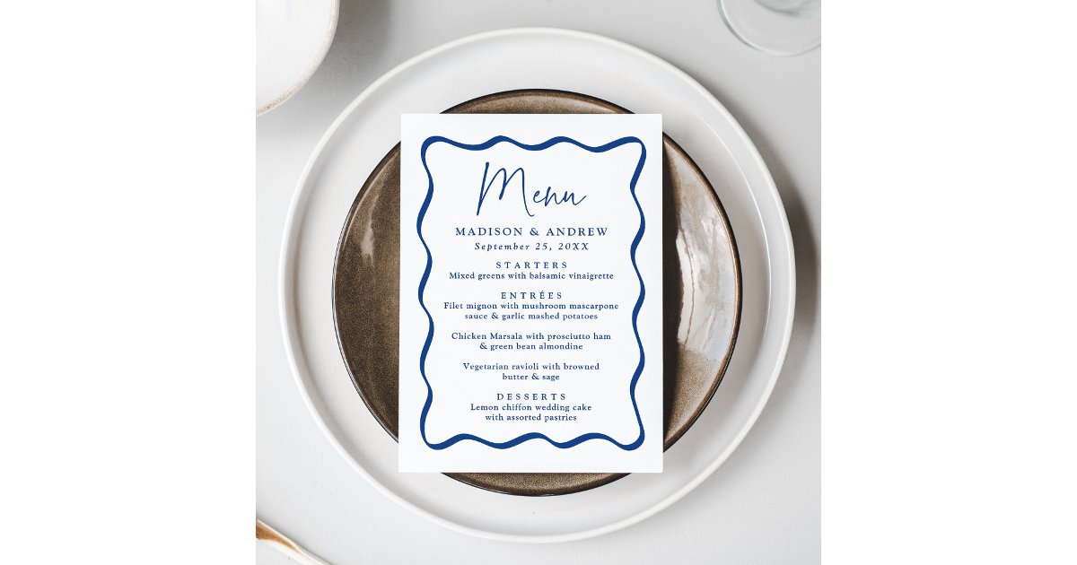 Modern Blue Wavy Frame Wedding Menu | Zazzle