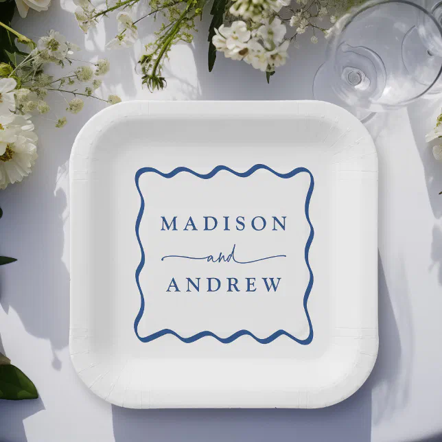 Modern Blue Wavy Frame Wedding Paper Plates | Zazzle