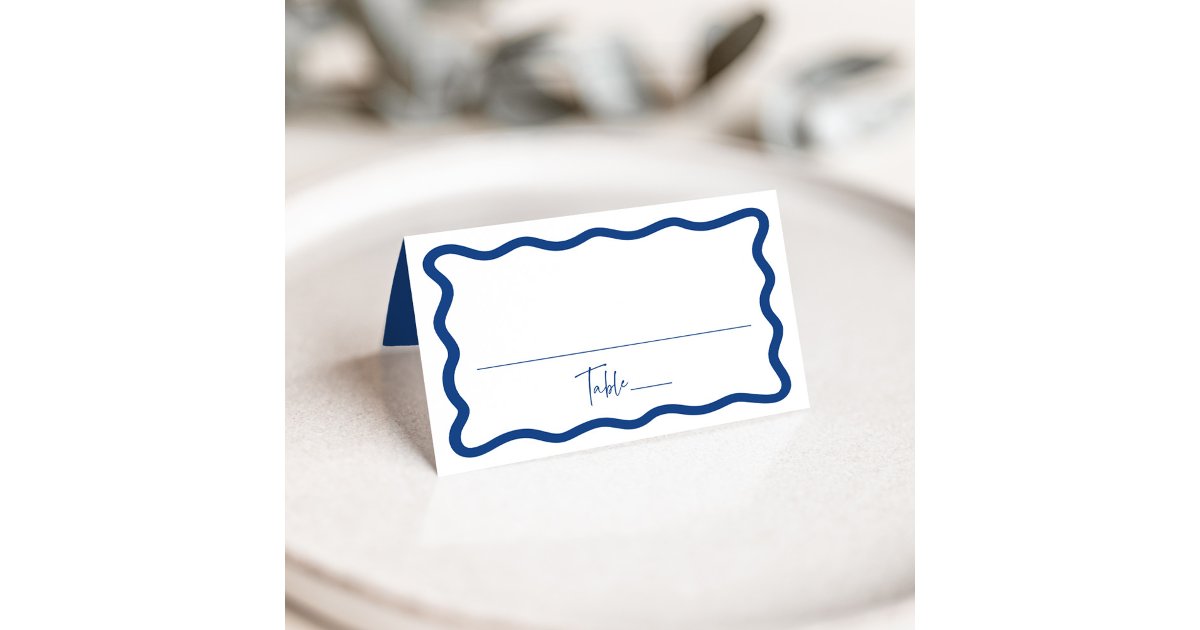 Modern Blue Wavy Frame Wedding Place Card | Zazzle