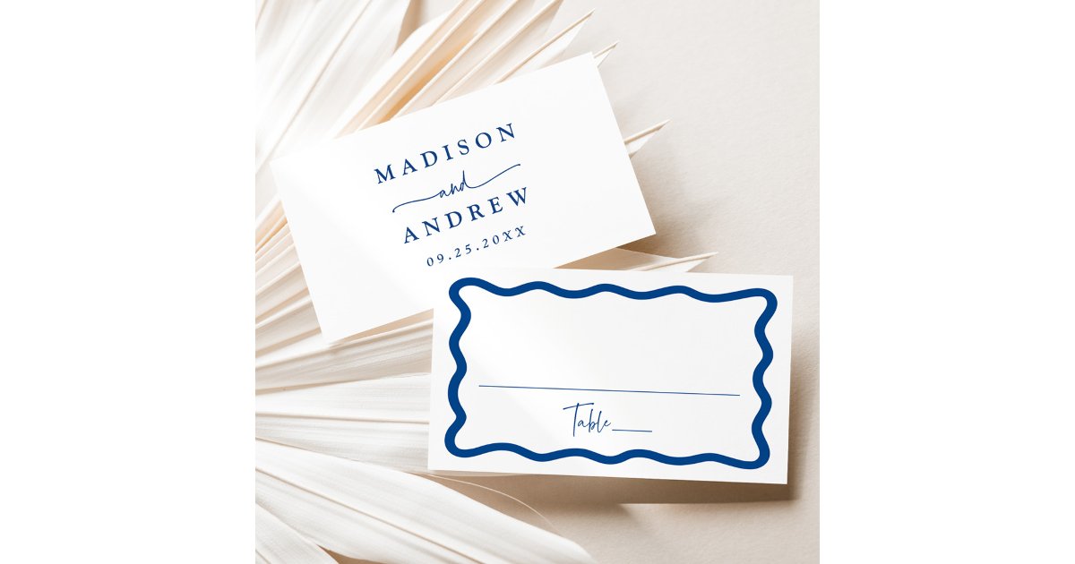 Modern Blue Wavy Frame Wedding Place Card | Zazzle