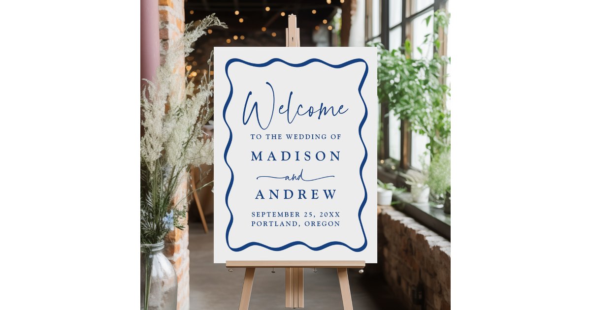 Modern Blue Wavy Frame Wedding Welcome Sign | Zazzle