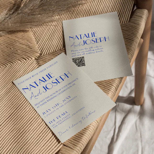 Modern Blue Whimsical French Retro QR Code Wedding Invitation | Zazzle