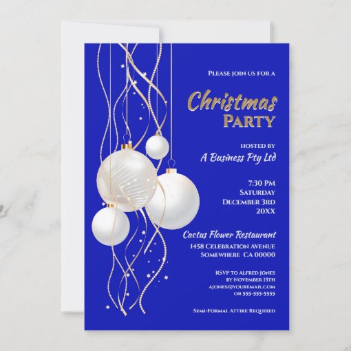 Modern Blue, White and Gold Christmas Party Invitation | Zazzle