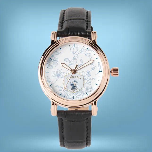 Modern Blue White Floral Custom Name Watch | Zazzle