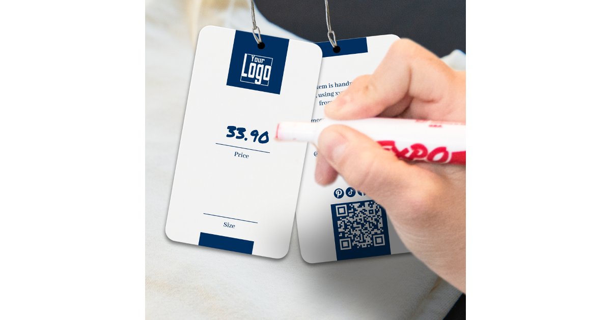 Modern Blue White Logo QR Code Garment Price Tag | Zazzle