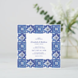 Modern Blue & White Mediterranean Tiles Wedding Invitation | Zazzle