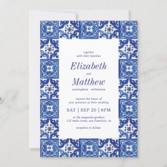 Modern Blue & White Mediterranean Tiles Wedding Invitation | Zazzle