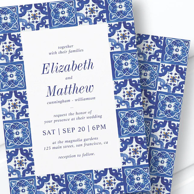 Modern Blue & White Mediterranean Tiles Wedding Invitation | Zazzle