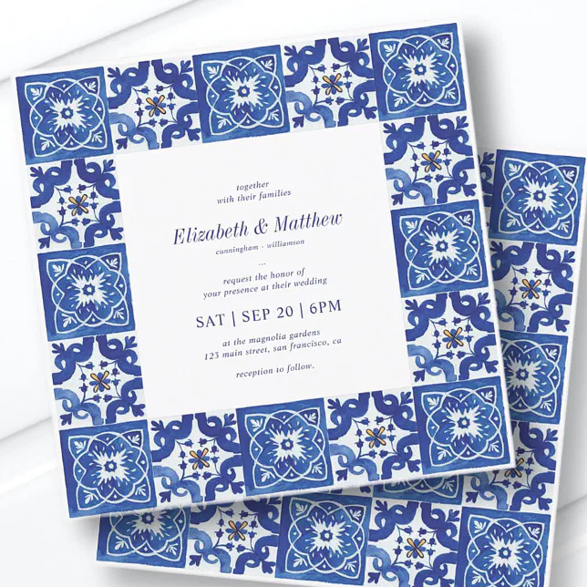 Modern Blue & White Mediterranean Tiles Wedding Invitation | Zazzle
