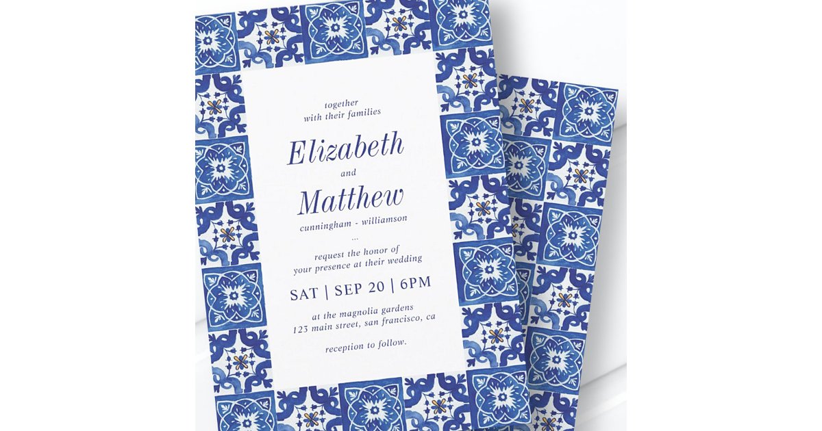 Modern Blue & White Mediterranean Tiles Wedding Invitation | Zazzle