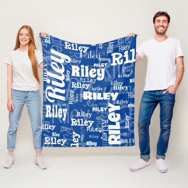 Modern Blue White Name Repeating Pattern Fleece Blanket | Zazzle
