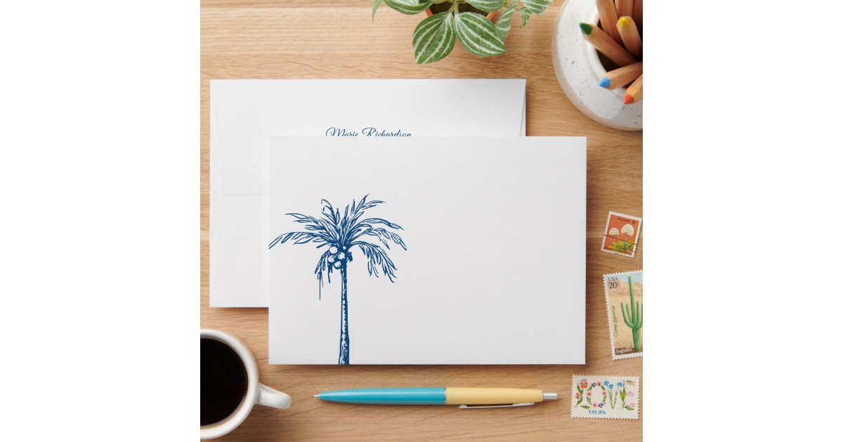 Modern Blue White Palm Tree Beach Wedding Envelope | Zazzle