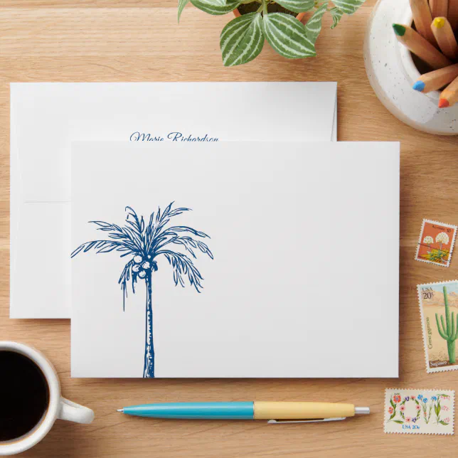 Modern Blue White Palm Tree Beach Wedding Envelope | Zazzle