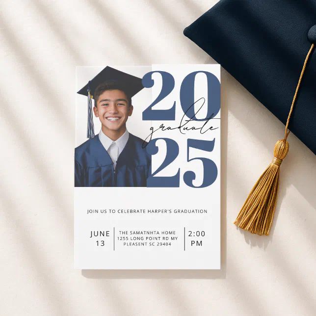 Modern Blue & White Photo Graduation Class of 2025 Invitation | Zazzle