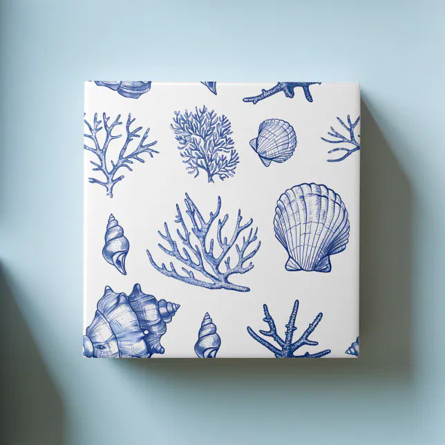 Modern Blue White Seashell Coral Ocean Pattern Ceramic Tile | Zazzle