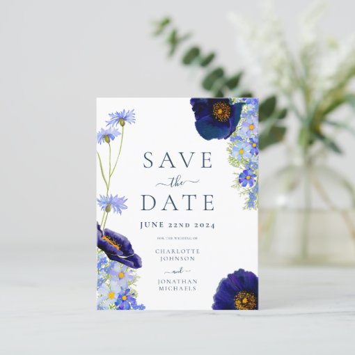 Modern Blue Wildflower Watercolor Wedding Invitation Postcard | Zazzle
