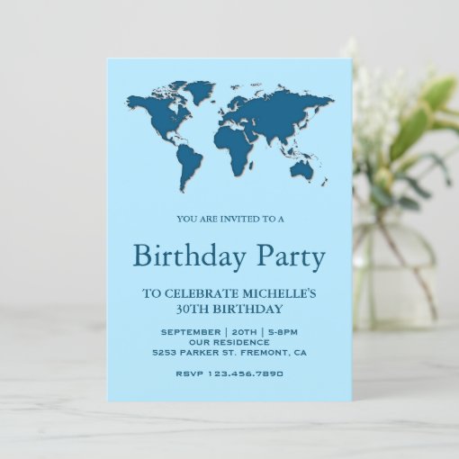 Modern Blue World Map Birthday Party Invitation | Zazzle