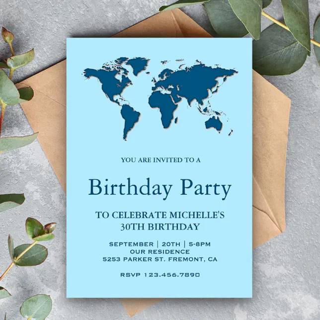 Modern Blue World Map Birthday Party Invitation | Zazzle