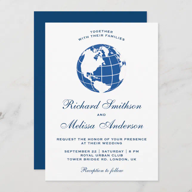 Modern Blue World Map Globe Wedding Invitation | Zazzle
