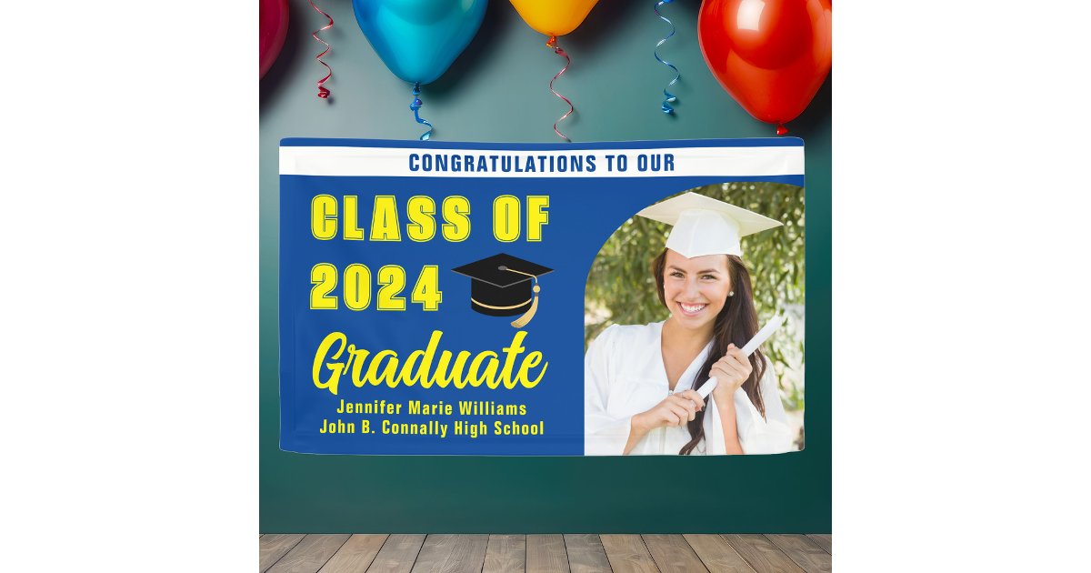 Modern Blue Yellow Graduation Photo Party Banner | Zazzle