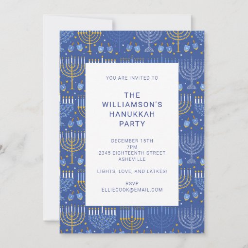 Modern Blue Yellow Menorah Hanukkah Party Invitation | Zazzle
