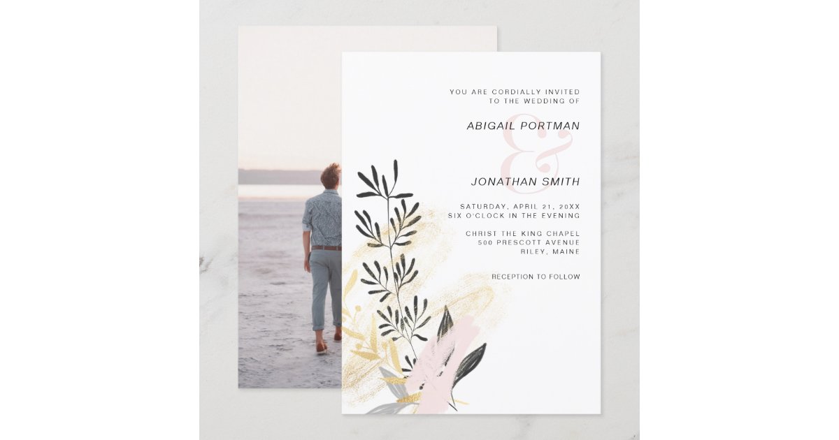 Modern Blush and Black Botanical Wedding Photo Invitation | Zazzle