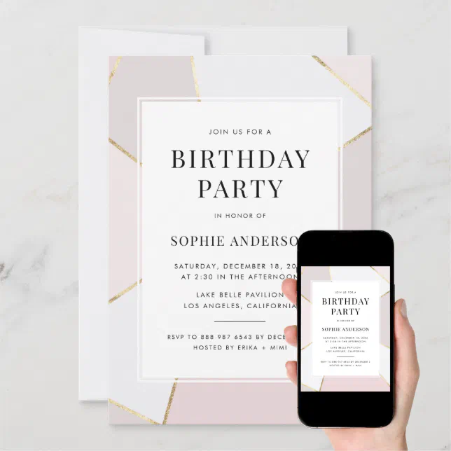 Modern Blush and Gold Foil Geometric Birthday Invitation | Zazzle