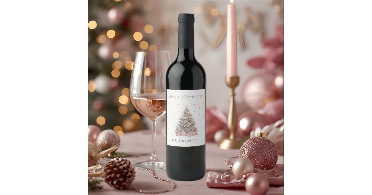 Modern Blush Christmas Tree Wine Label | Zazzle