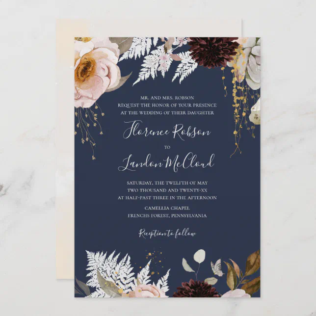 Modern Blush Floral | Navy Traditional Wedding Invitation | Zazzle