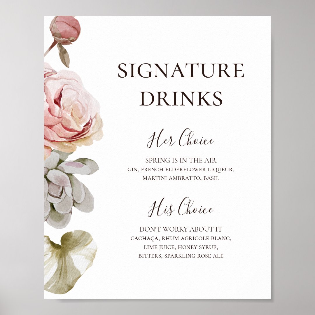Modern Blush Floral | Signature Drinks Sign | Zazzle