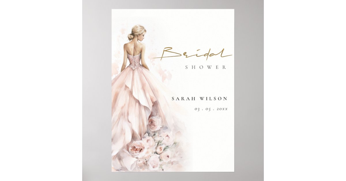 Modern Blush Floral Wedding Gown Bridal Shower Poster | Zazzle