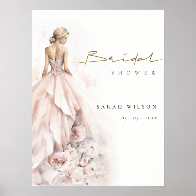 Modern Blush Floral Wedding Gown Bridal Shower Poster | Zazzle